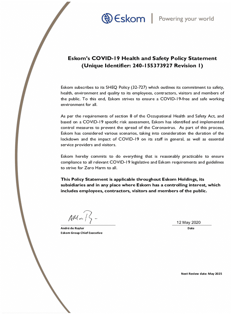 Fillable Online Eskom Covid-19 Health and Safety Policy Statement Fax ...