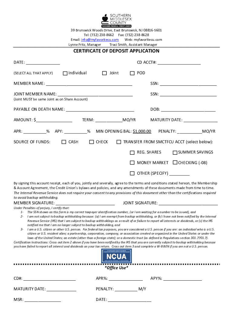 Fillable Online Certificate of Deposit Application Fax Email Print ...