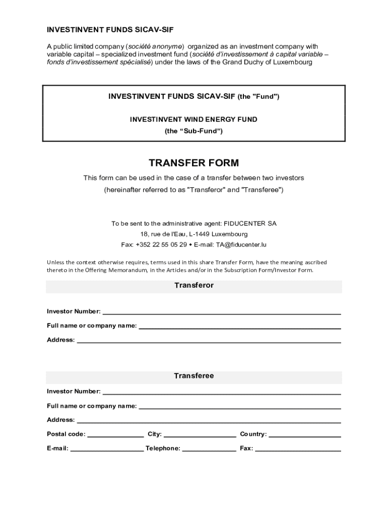 Fillable Online Investinvent Funds Sicav-sif Transfer Form Fax Email ...