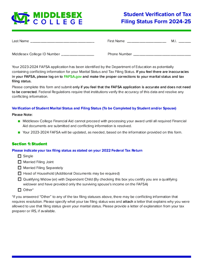 Fillable Online Student Verification of Tax Filing Status Fax Email ...
