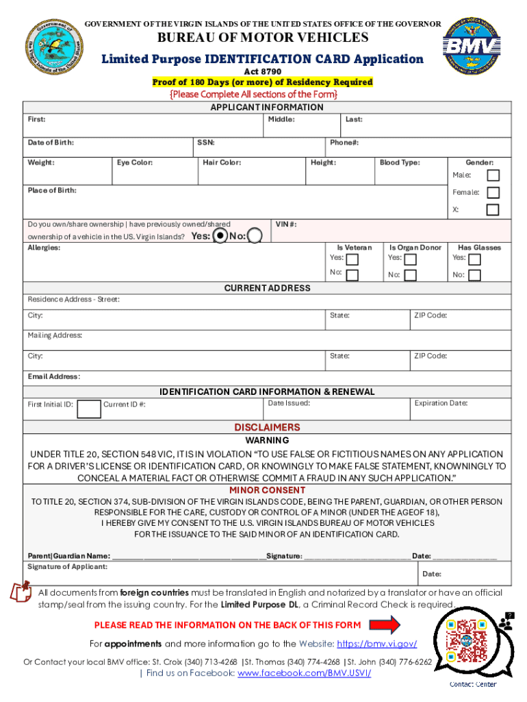 Fillable Online Us Virgin Islands Limited Purpose Identification Card ...