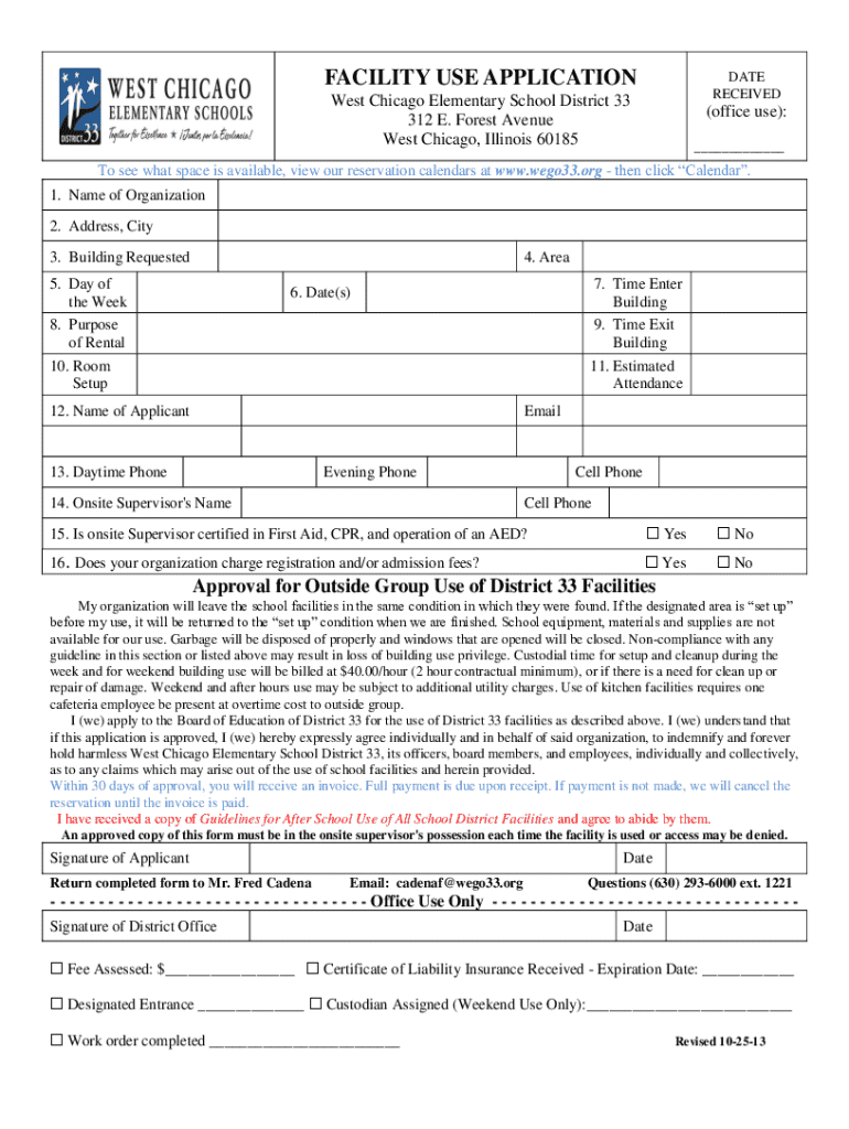 Fillable Online West Chicago Elementary School District 33 Facility Use Application Fax Email ...