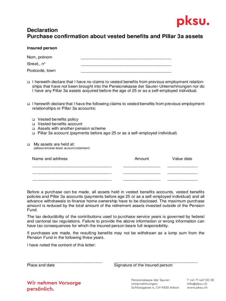 Fillable Online Purchase Confirmation of Vested Benefits Fax Email ...