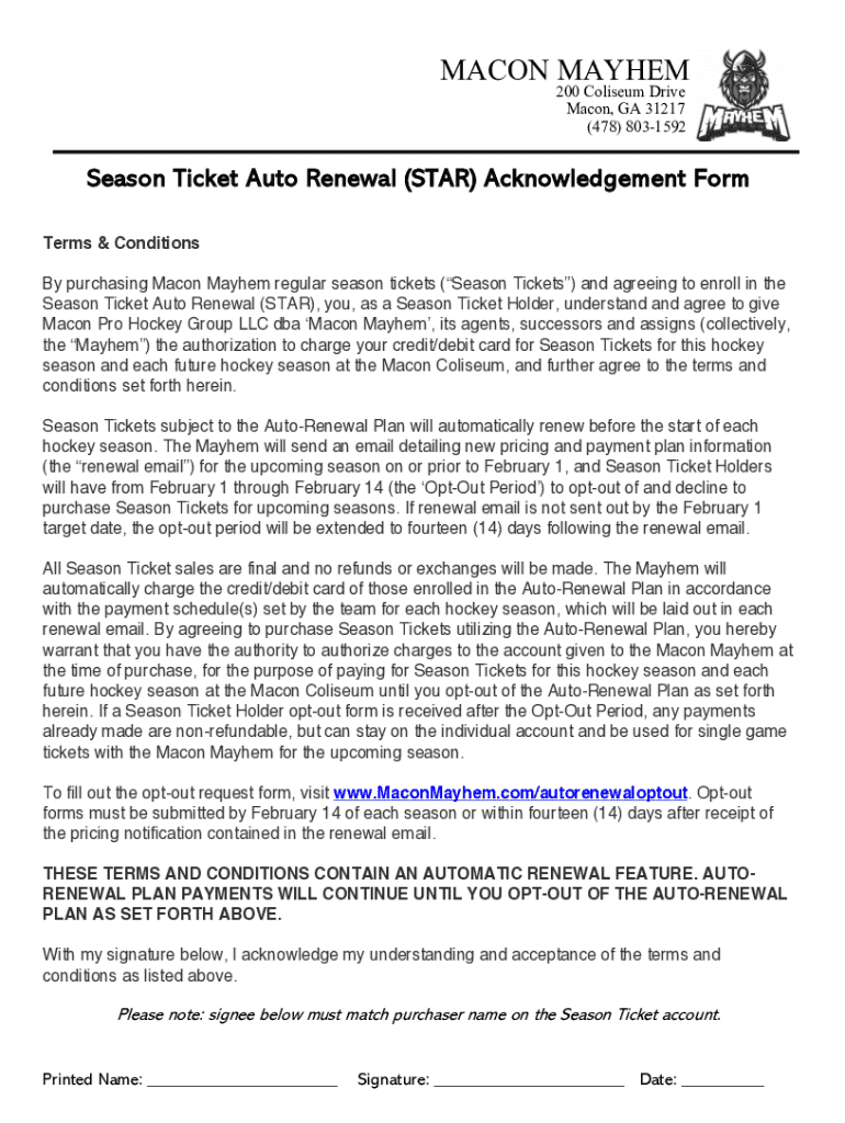 Fillable Online Season Ticket Auto Renewal (star) Acknowledgement Fax ...