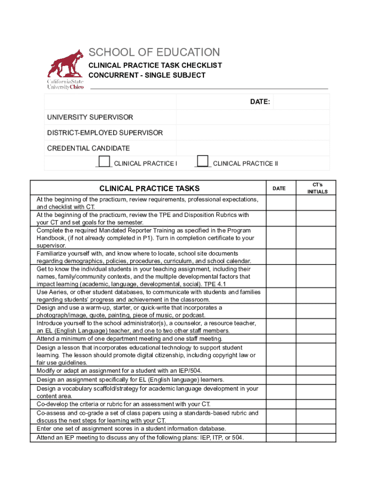 Fillable Online Clinical Practice Task Checklist - Concurrent Single Subject Fax Email Print ...