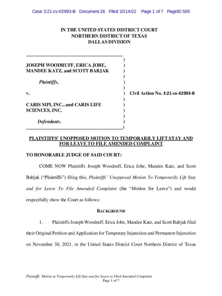 Fillable Online Plaintiffs’ Motion to Temporarily Lift Stay and for ...