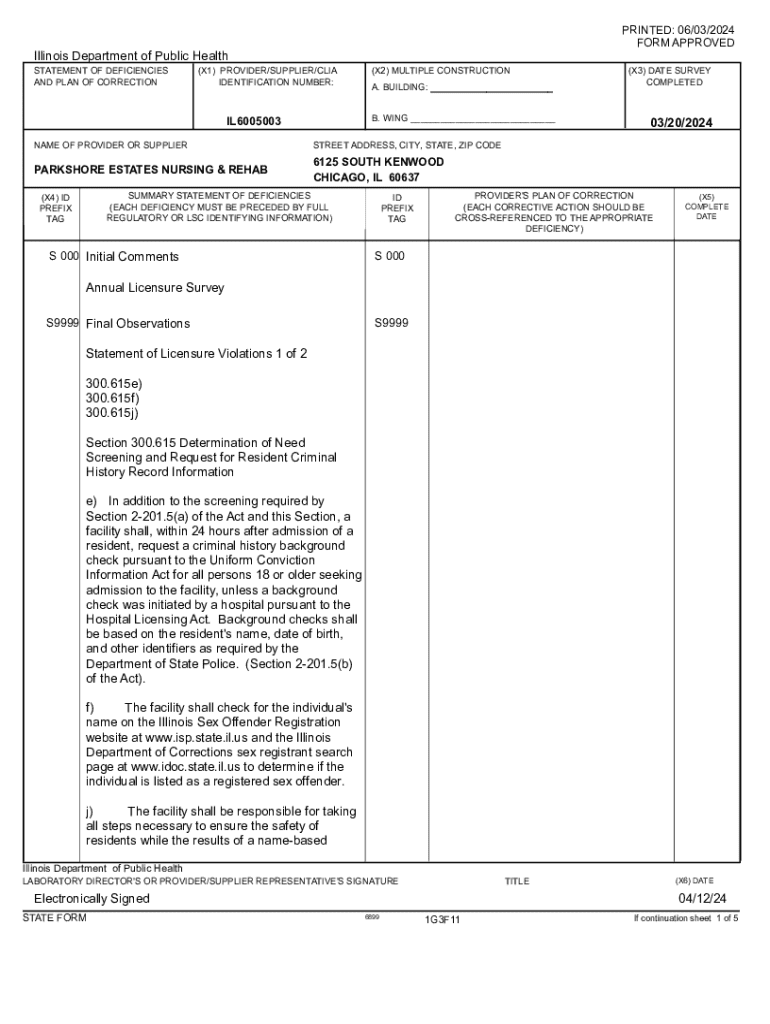 Fillable Online Statement of Deficiencies and Plan of Correction Fax ...