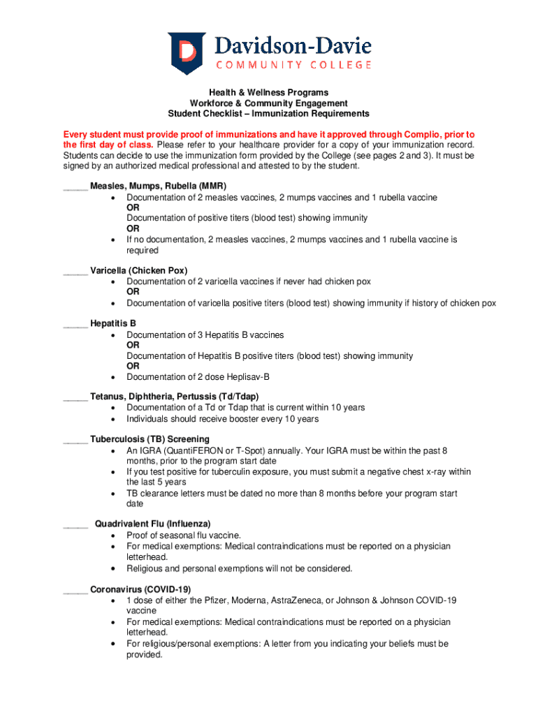 Fillable Online Student Checklist – Immunization Requirements Fax Email ...