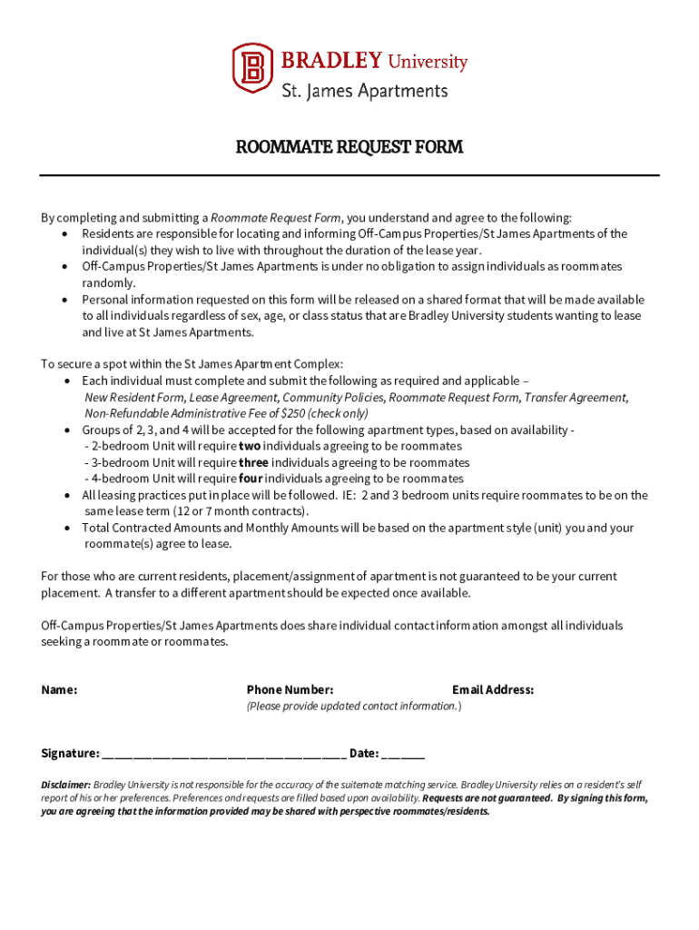 Fillable Online Roommate Request Form Fax Email Print - pdfFiller