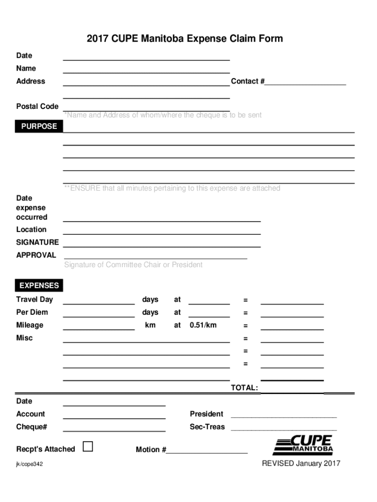 Fillable Online Cupe Manitoba Expense Claim Fax Email Print - pdfFiller