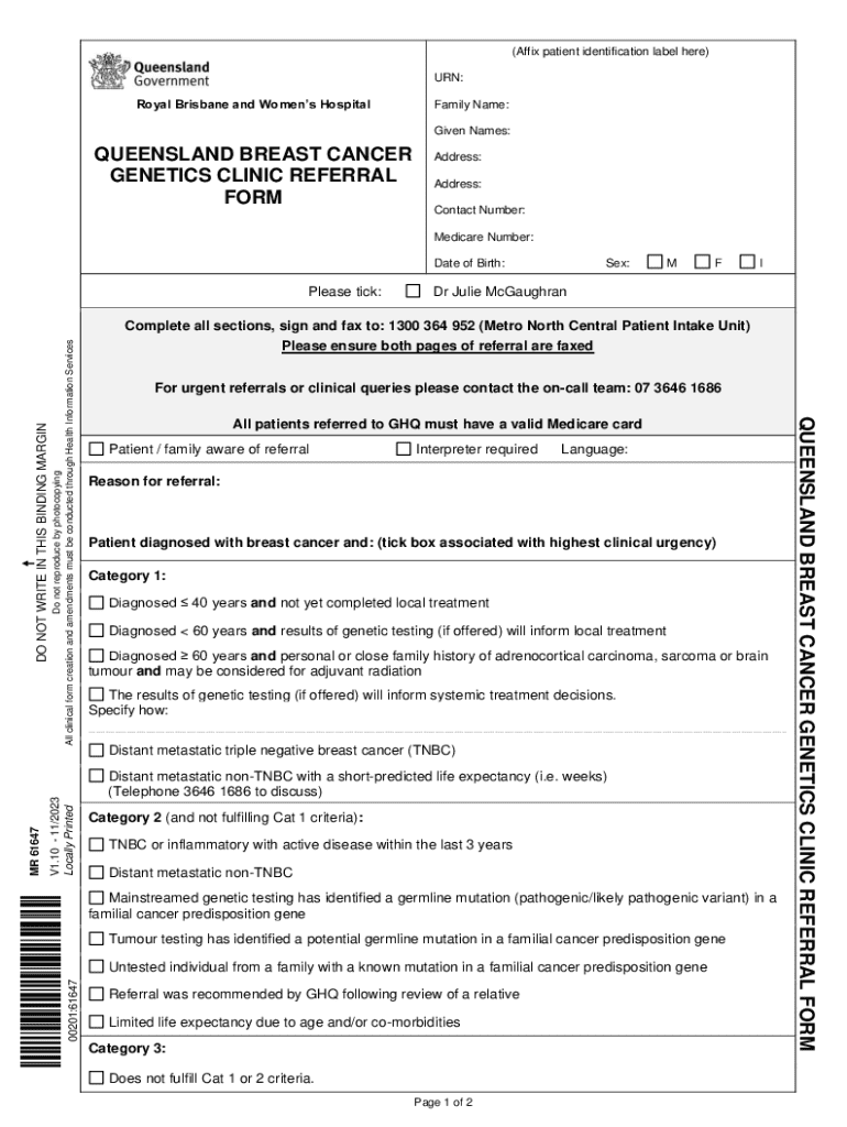 Fillable Online Queensland Breast Cancer Genetics Clinic Referral Form ...