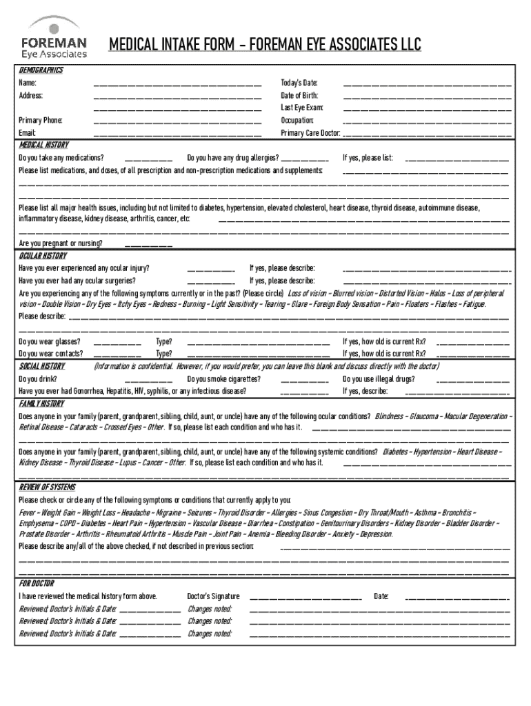 Fillable Online Medical Intake Form – Foreman Eye Associates Llc Fax ...