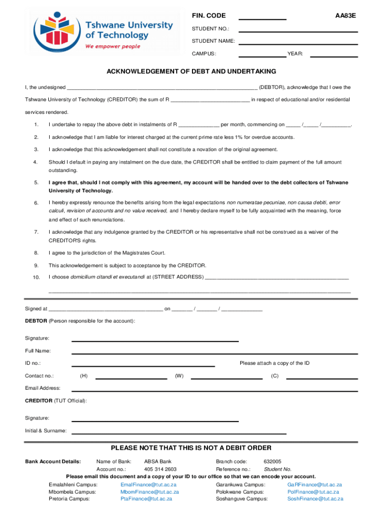 Fillable Online Acknowledgement of Debt and Undertaking Fax Email Print ...