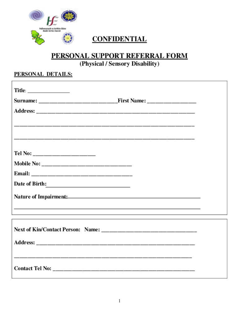 Fillable Online Personal Support Referral Form (physical / Sensory ...