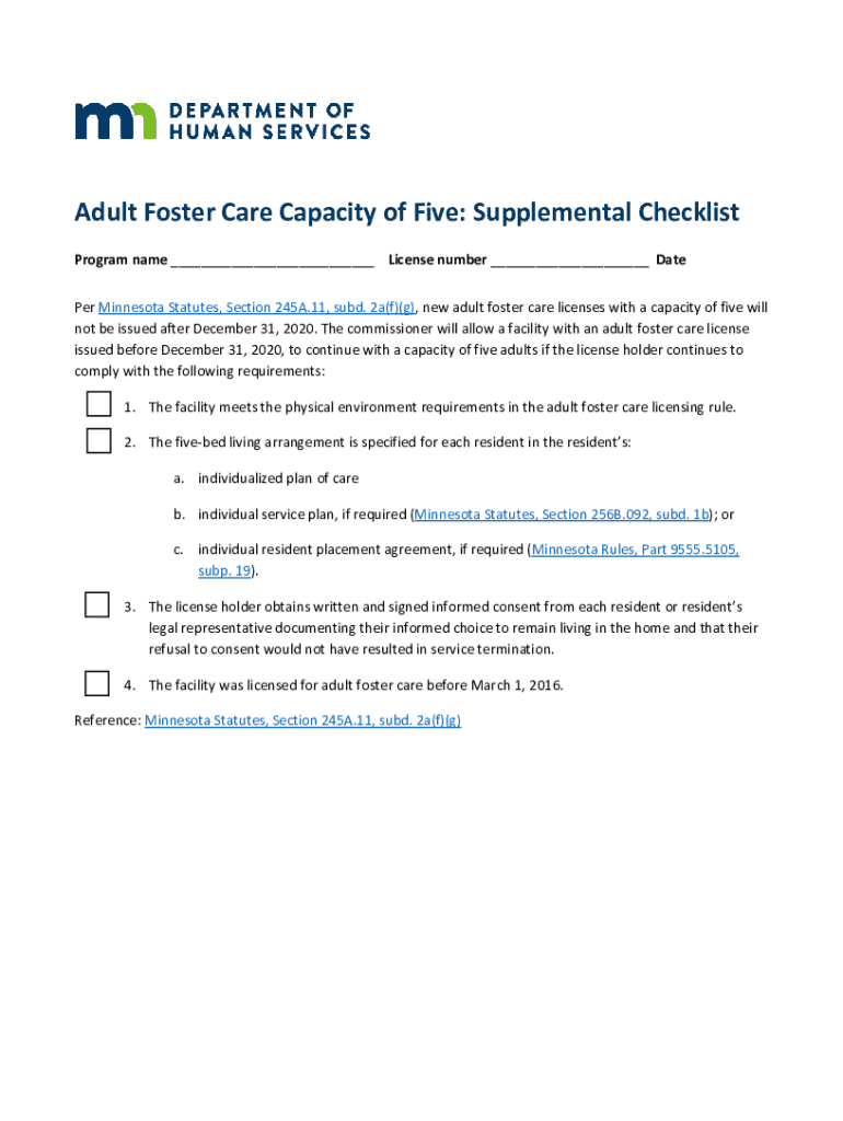 Fillable Online Supplemental Checklist for Adult Foster Care Capacity ...