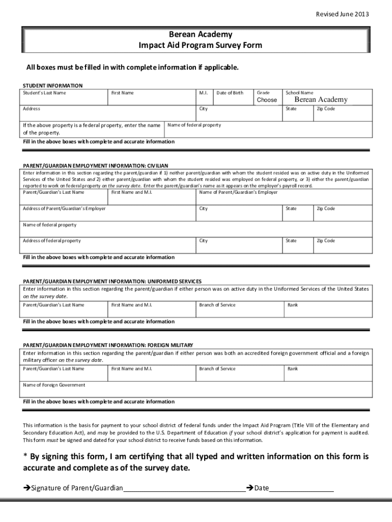 Fillable Online Berean Academy Impact Aid Program Survey Fax Email ...
