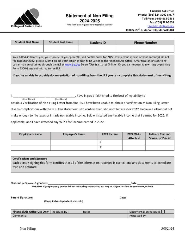 Fillable Online Statement of Non-filing for Financial Aid Fax Email ...