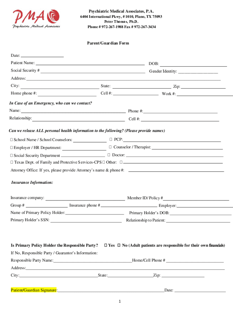 Fillable Online Psychiatric Medical Associates, P.a. Parent/guardian ...
