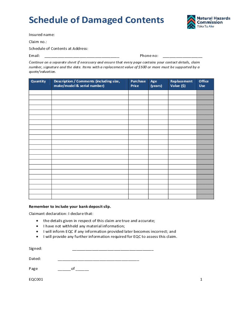 Fillable Online Schedule of Damaged Contents Fax Email Print - pdfFiller
