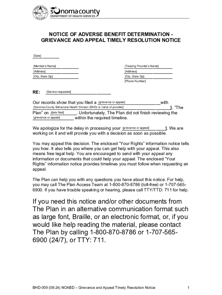 Fillable Online Notice of Adverse Benefit Determination Grievance and ...
