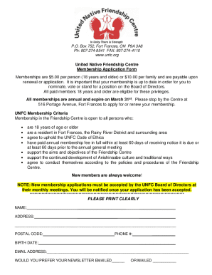 Fillable Online United Native Friendship Centre Membership Application ...