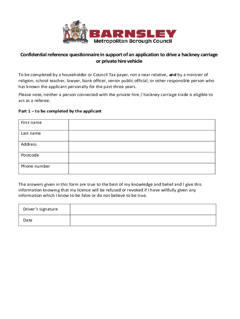 Fillable Online Reference Questionnaire for Hackney Carriage or Private Hire Vehicle Fax Email ...