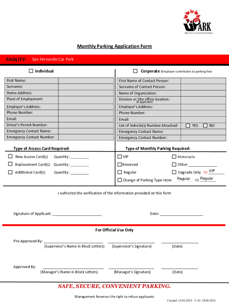 Fillable Online Monthly Parking Application Fax Email Print - pdfFiller