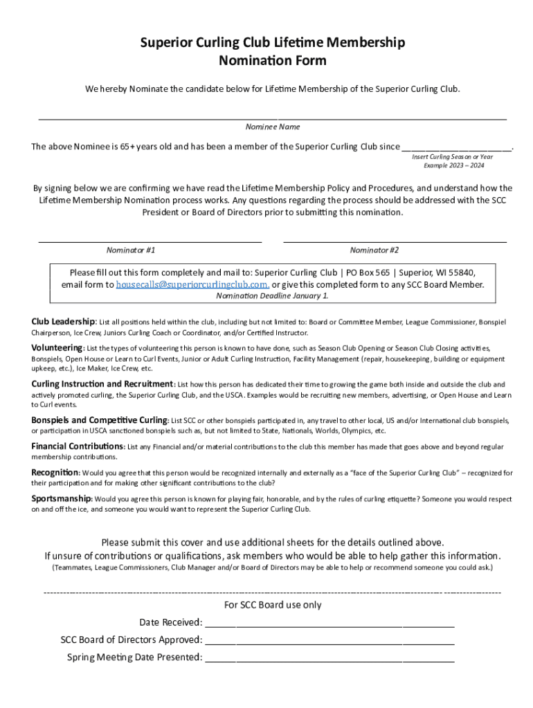 Fillable Online Superior Curling Club Lifetime Membership Nomination ...
