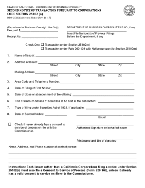 Fillable Online Second Notice of Transaction Pursuant to Corporations ...