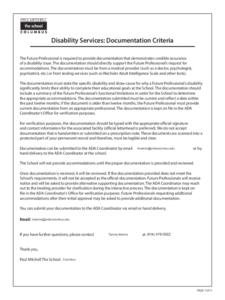 Fillable Online Disability Services Documentation Criteria at Paul Mitchell the School Fax Email ...