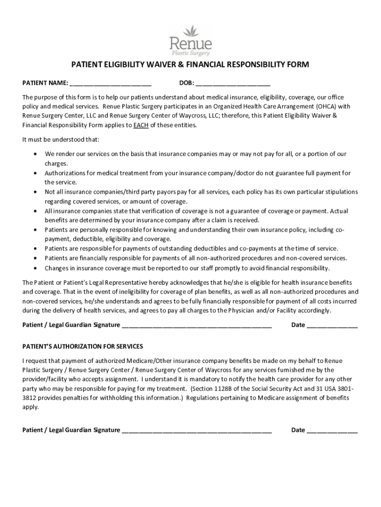 Fillable Online Patient Eligibility Waiver & Financial Responsibility ...
