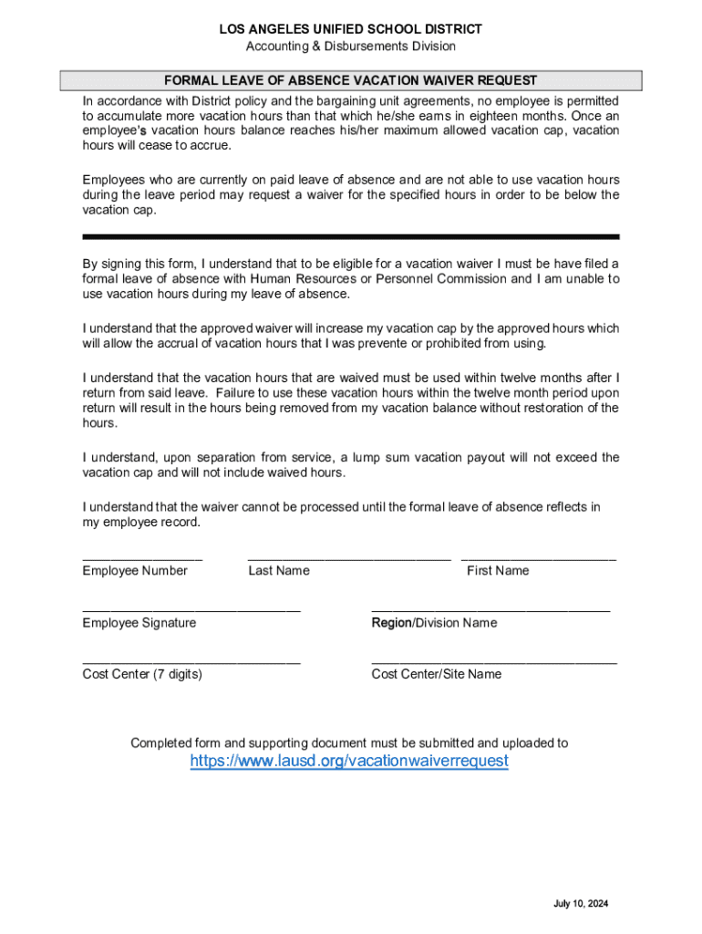 Fillable Online Formal Leave of Absence Request for Vacation Waiver Fax ...