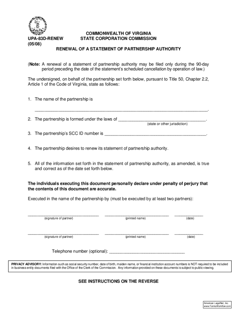 Fillable Online Renewal of a Statement of Partnership Authority Fax ...