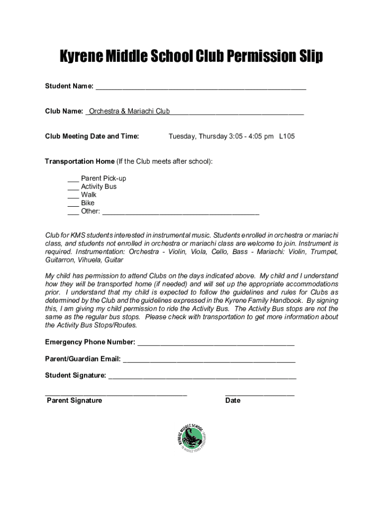 Fillable Online Kyrene Middle School Club Permission Slip Fax Email ...