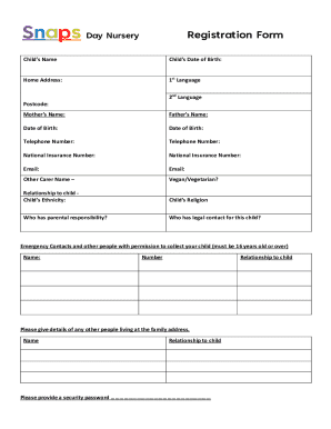Fillable Online Snaps Day Nursery Registration Fax Email Print - pdfFiller