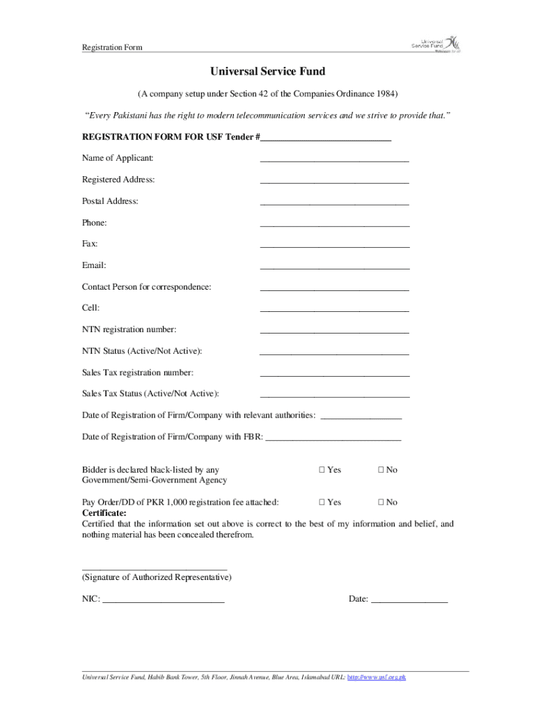 Fillable Online Registration Form for Usf Tender Fax Email Print - pdfFiller