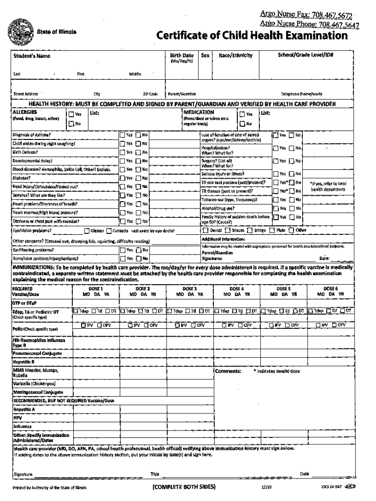 Fillable Online State of Illinois Certificate of Child Health ...