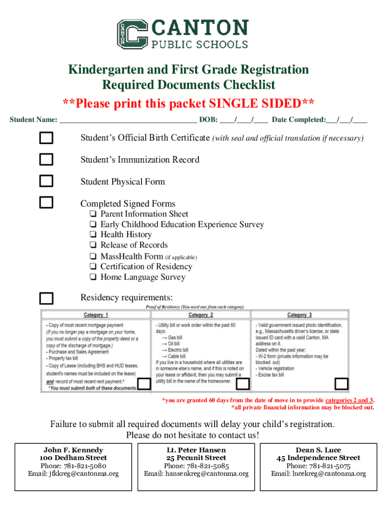 Fillable Online Kindergarten and First Grade Registration Required ...