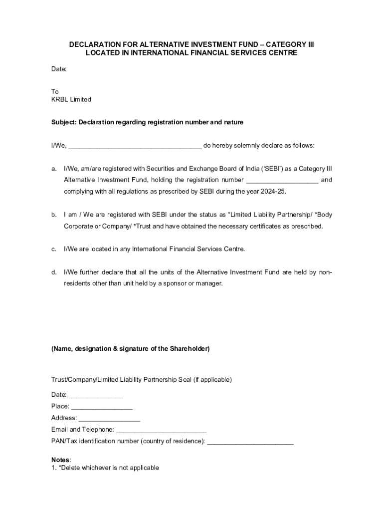 Fillable Online Declaration for Alternative Investment Fund Fax Email Print - pdfFiller