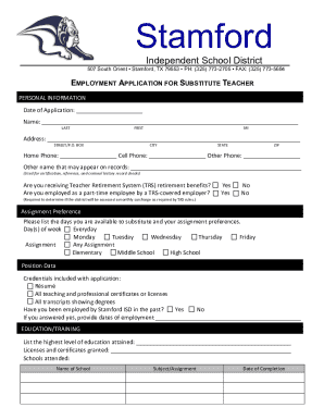 Fillable Online Stamford Independent School District Employment ...