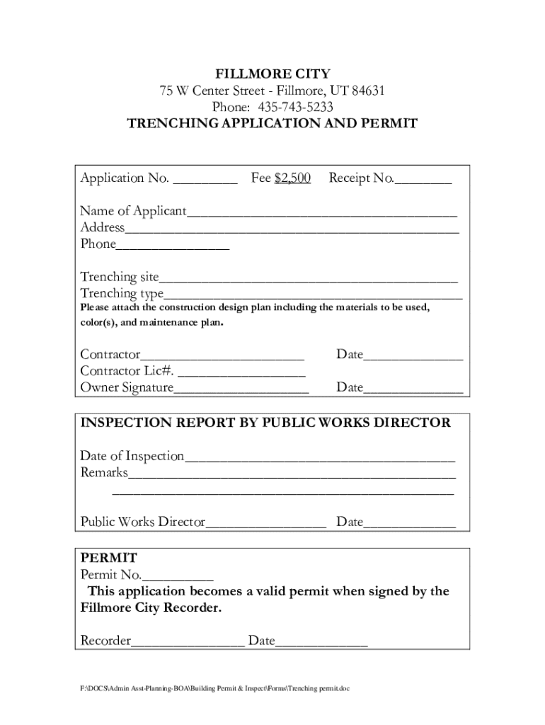 Fillable Online Fillmore City Trenching Application and Permit Fax ...