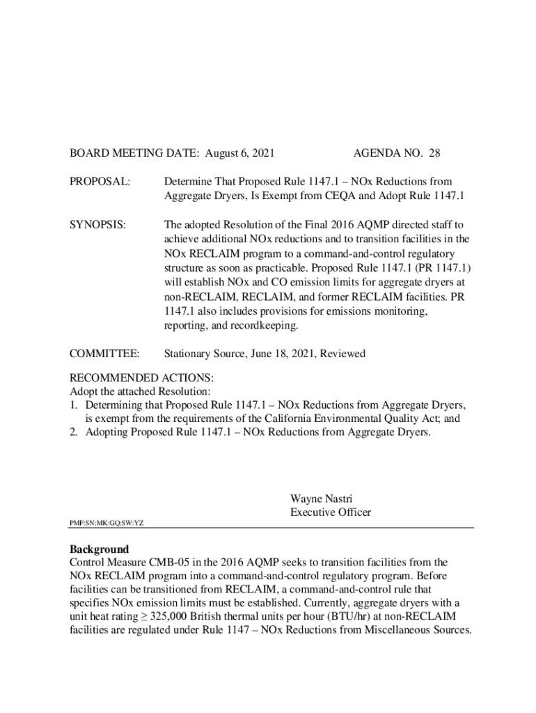 Fillable Online Proposed Rule 1147.1 – Nox Reductions From Aggregate ...