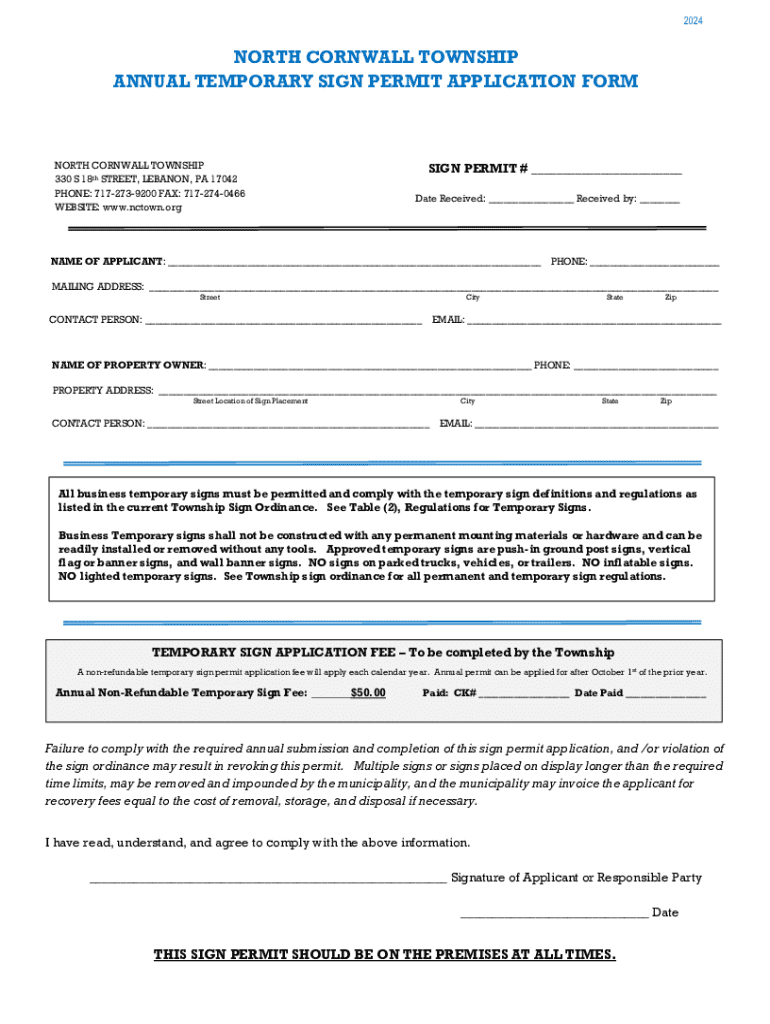 Fillable Online North Cornwall Township Annual Temporary Sign Permit ...