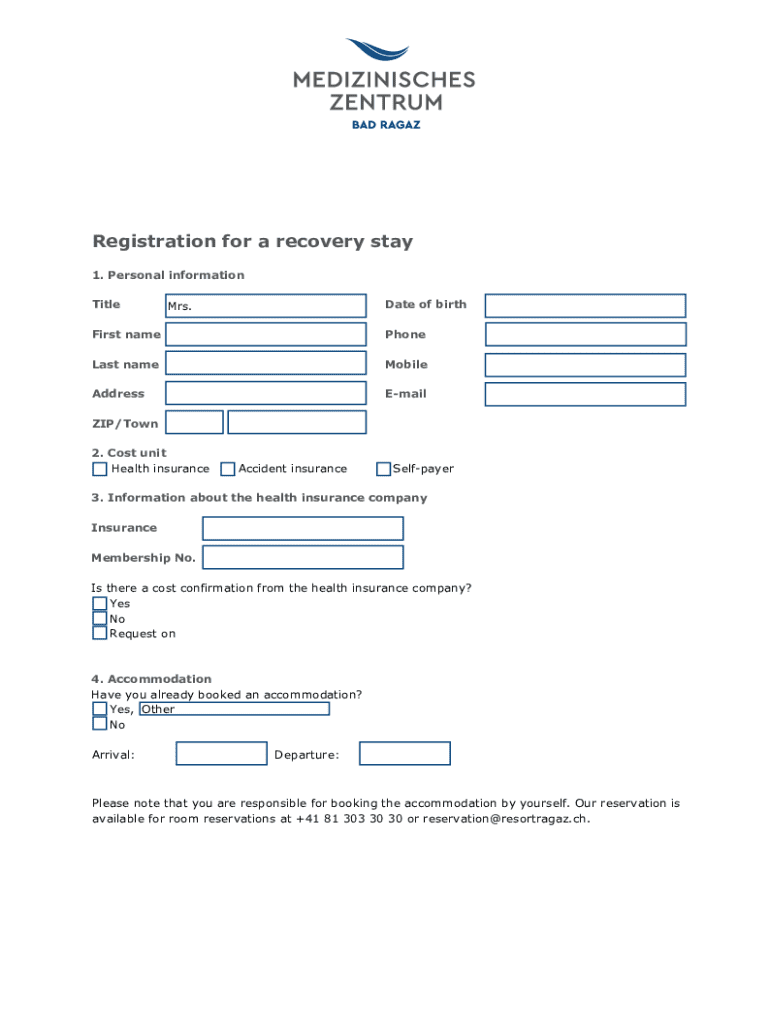 Fillable Online Registration for a recovery stay Fax Email Print ...