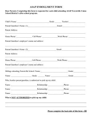 Fillable Online Asap Enrollment Form for Forestville Union School ...