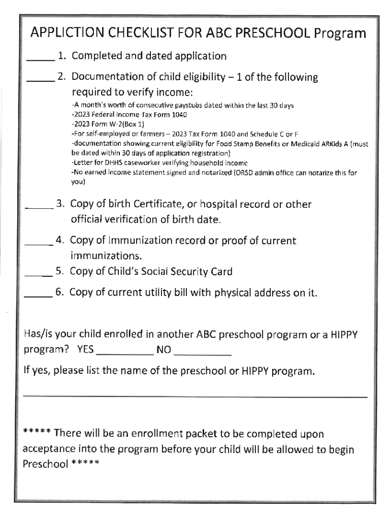 Fillable Online Application Checklist for Abc Preschool Program Fax Email Print - pdfFiller