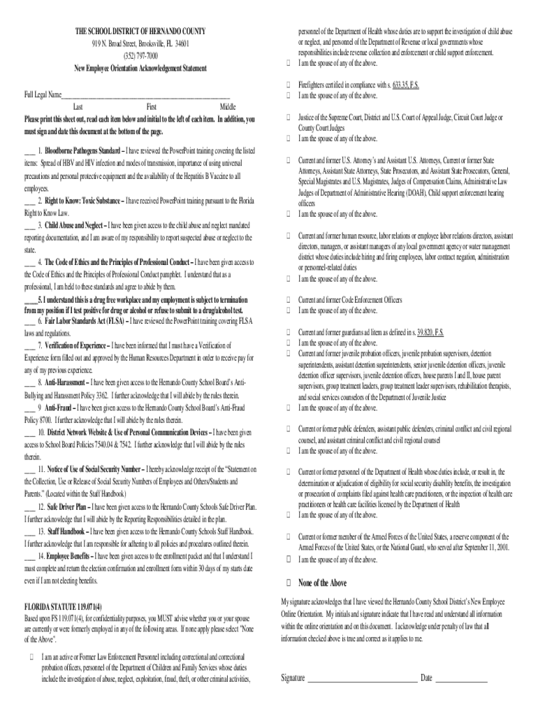 Fillable Online New Employee Orientation Acknowledgement Fax Email Print - pdfFiller