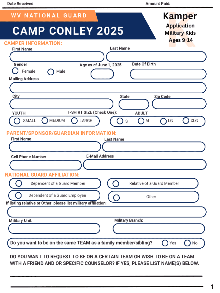 Fillable Online Wv National Guard Camp Conley 2025 Application for ...