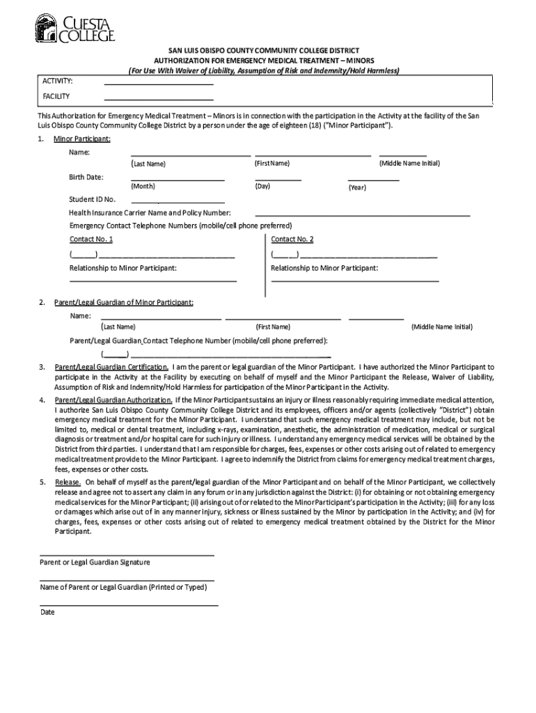 Fillable Online Authorization for Emergency Medical Treatment- Minors Fax Email Print - pdfFiller