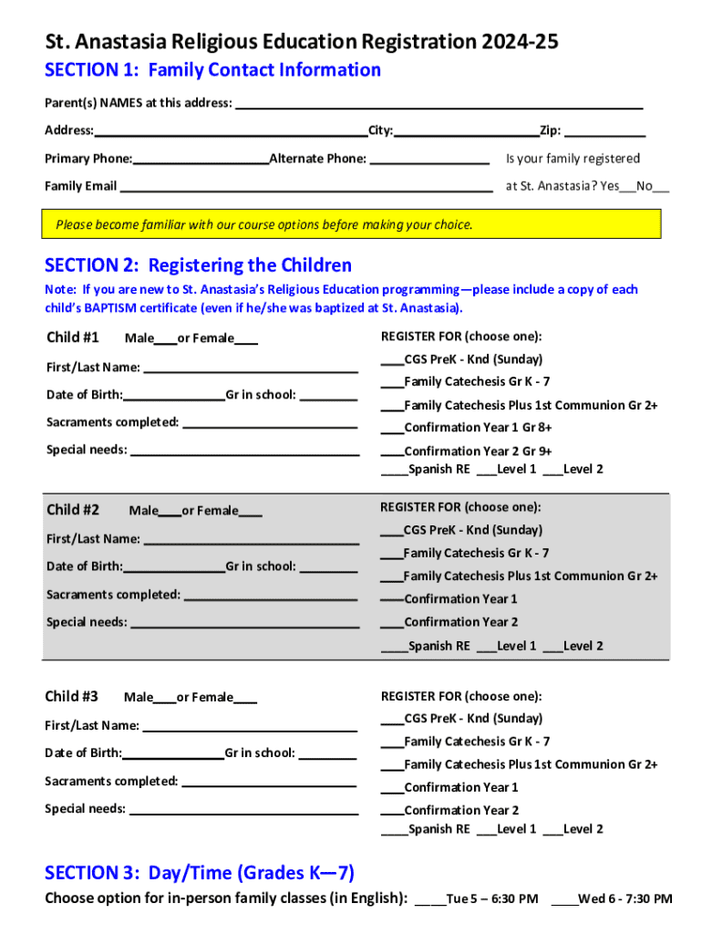 Fillable Online St. Anastasia Religious Education Registration 2024-25 Fax Email Print - pdfFiller